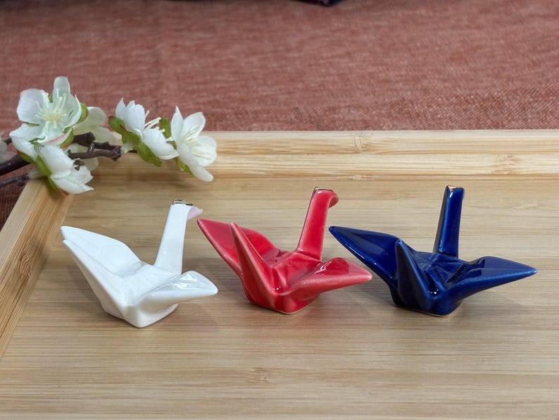 Origami Crane Chopstick Rest - Gold-accented (white, Red, Blue) | Mino ...