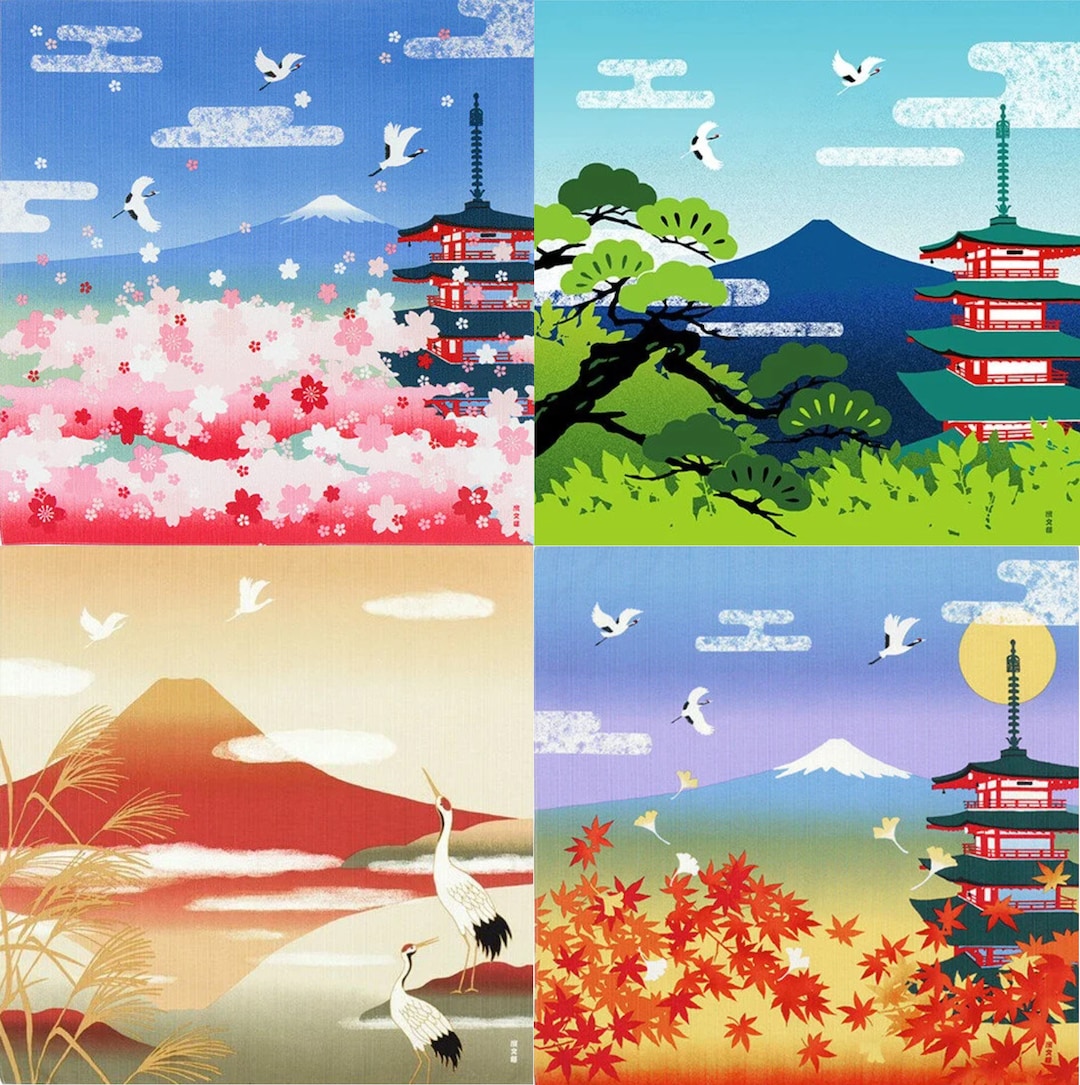 Views of Mount Fuji Furoshiki: Nature, Pagoda & Cranes, Japanese ...