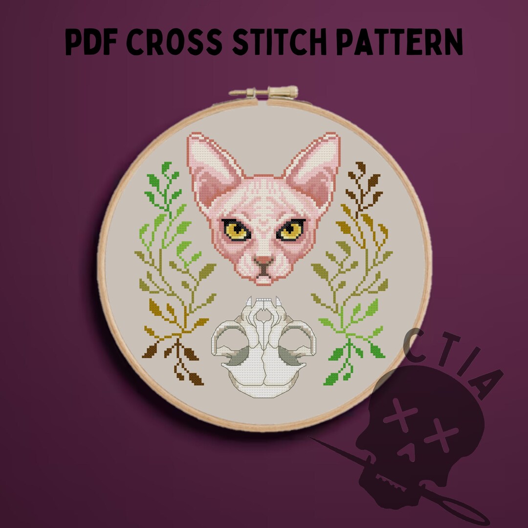Sphynx Cat and Skull Cross Stitch Pattern, Modern Embroidery, Kitty ...