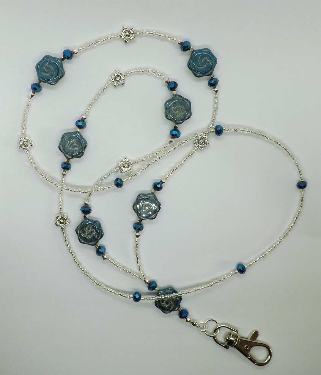 Blue Glass Flower Beaded ID Lanyard Badge Card Holder Beaded Work ...