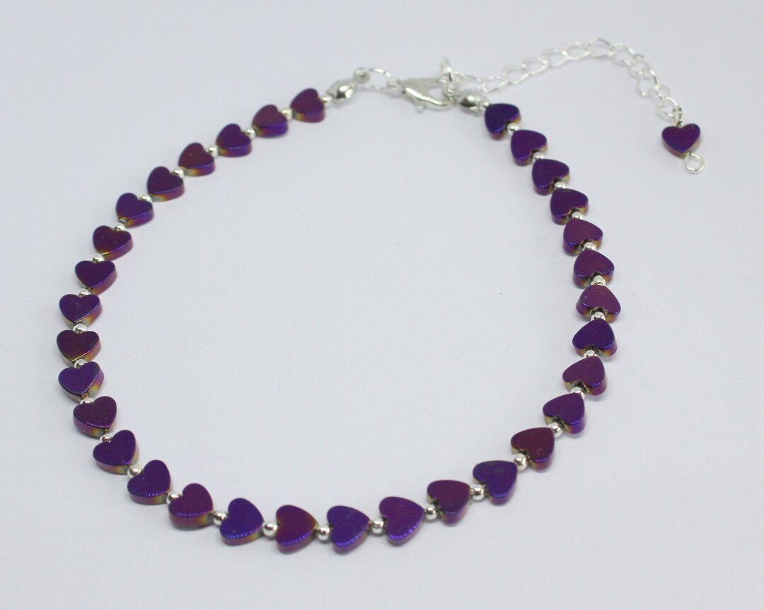 Purple Hematite Hearts Beads Ankle Bracelet, Hematite Hearts Beach ...
