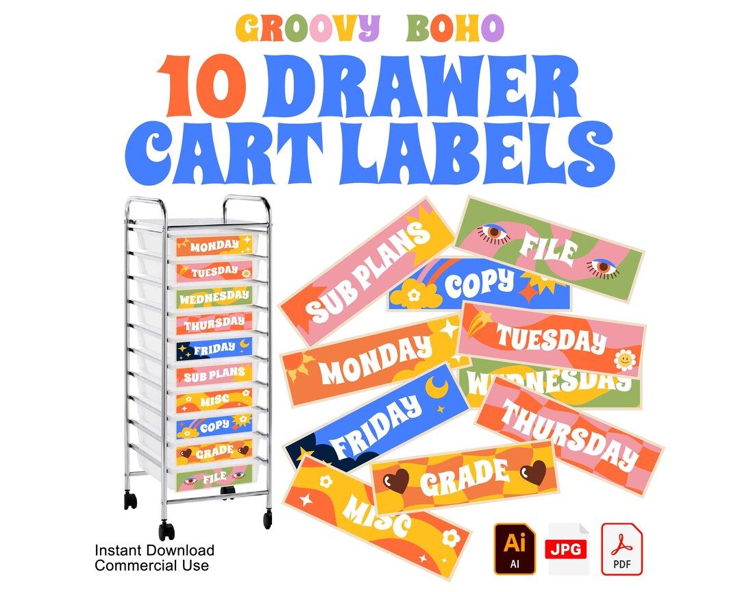 Groovy Boho 10 Drawer Rolling Cart Labels Groovy Boho Classroom Decor ...