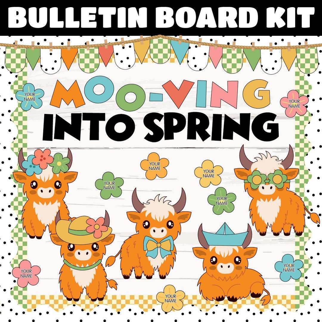 Highland Cow Spring Bulletin Board Kit | March April Classroom Door and ...
