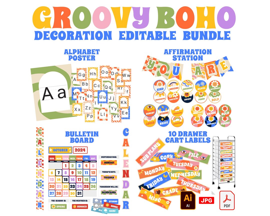 Groovy Boho Decor Editable Bundle | Groovy Boho Classroom Decor and ...