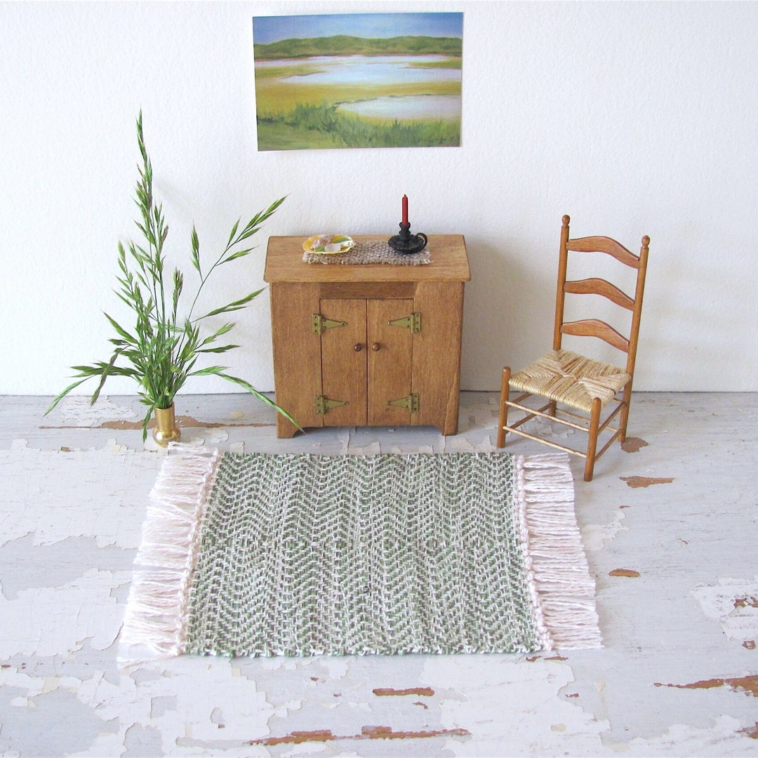 Dollhouse Miniature Rug, 1:12 Scale Artisan Hand Woven Green Doll House ...