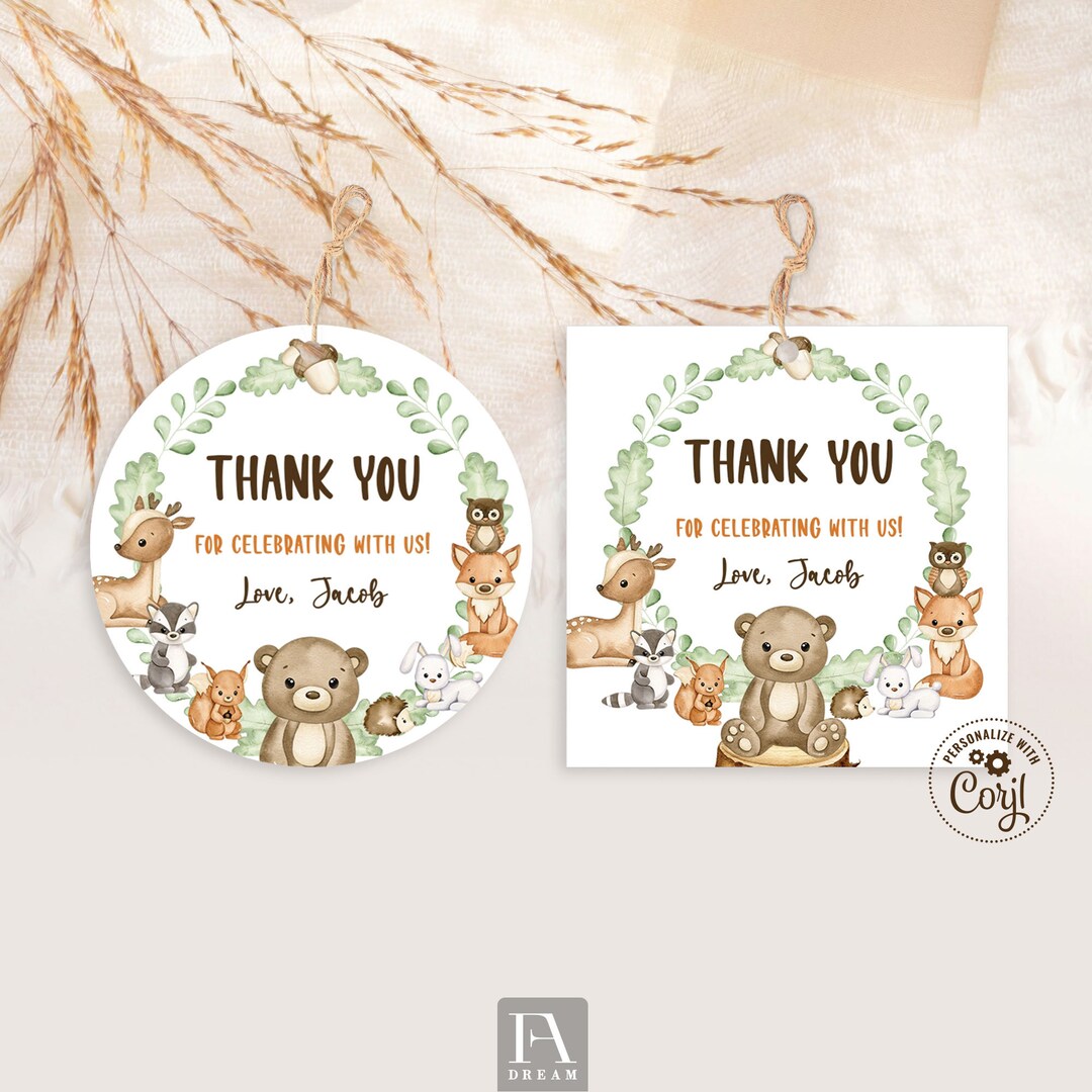 Woodland Favor Tag Template, Animal Birthday Party Thank You Gift Tag ...