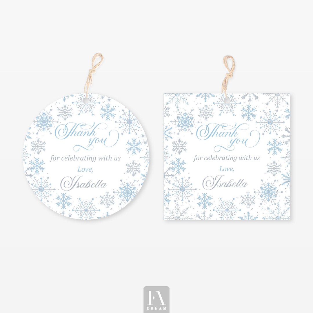 Winter Favor Tag Template, Snow Party Thank You Gift Tag Blue Silver ...