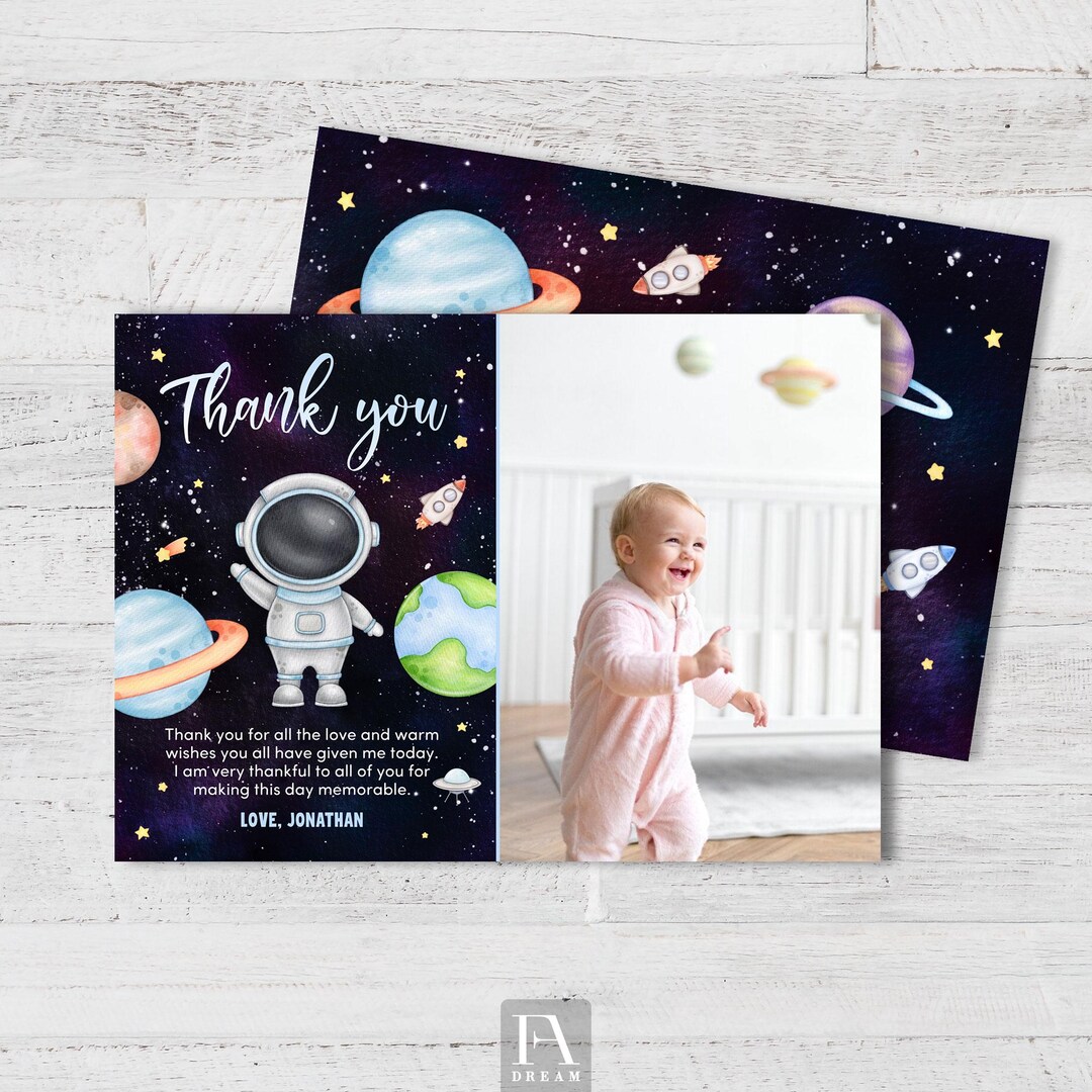 Editable Space Thank You Card, Outer Space First Trip Birthday Party ...