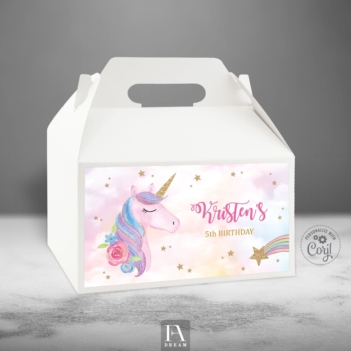 Unicorn Gable Box Label Template, Editable Unicorn Rainbow Girl First ...