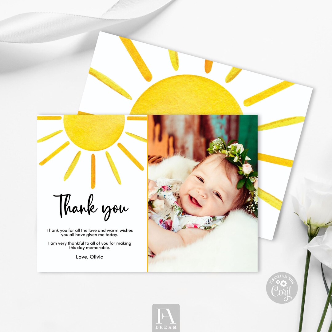 Editable Sunshine Thank You Card, Sun Birthday Party Thank You, First ...