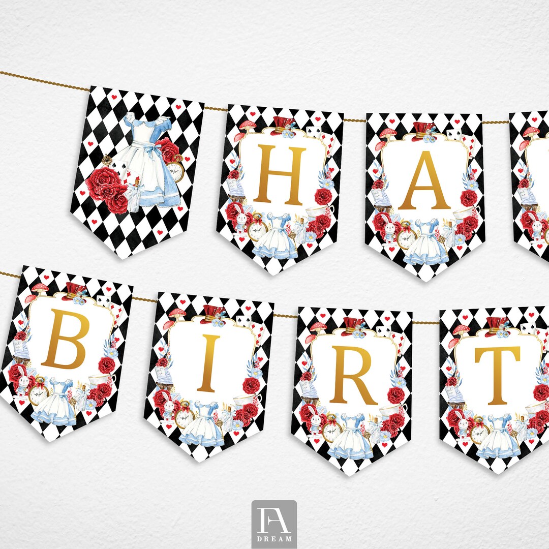 Alice Gold Happy Birthday Banner, Alice in Wonderland Party Banner ...