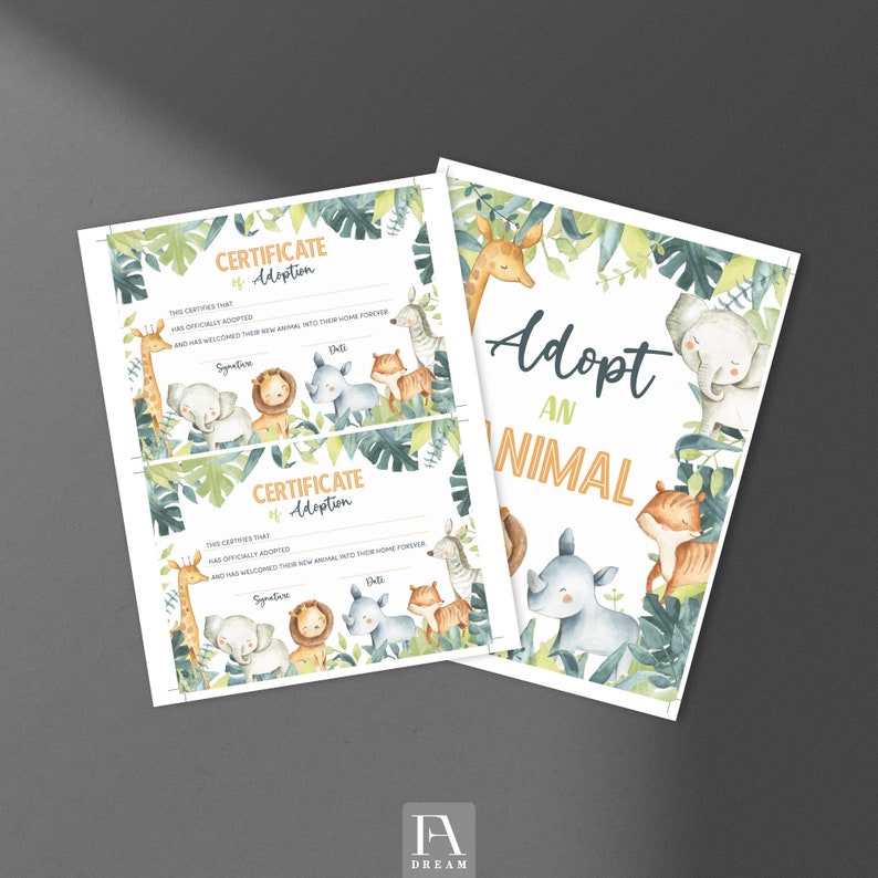 Safari Animal Adoption Certificate, Birthday Party Sign (digital ...