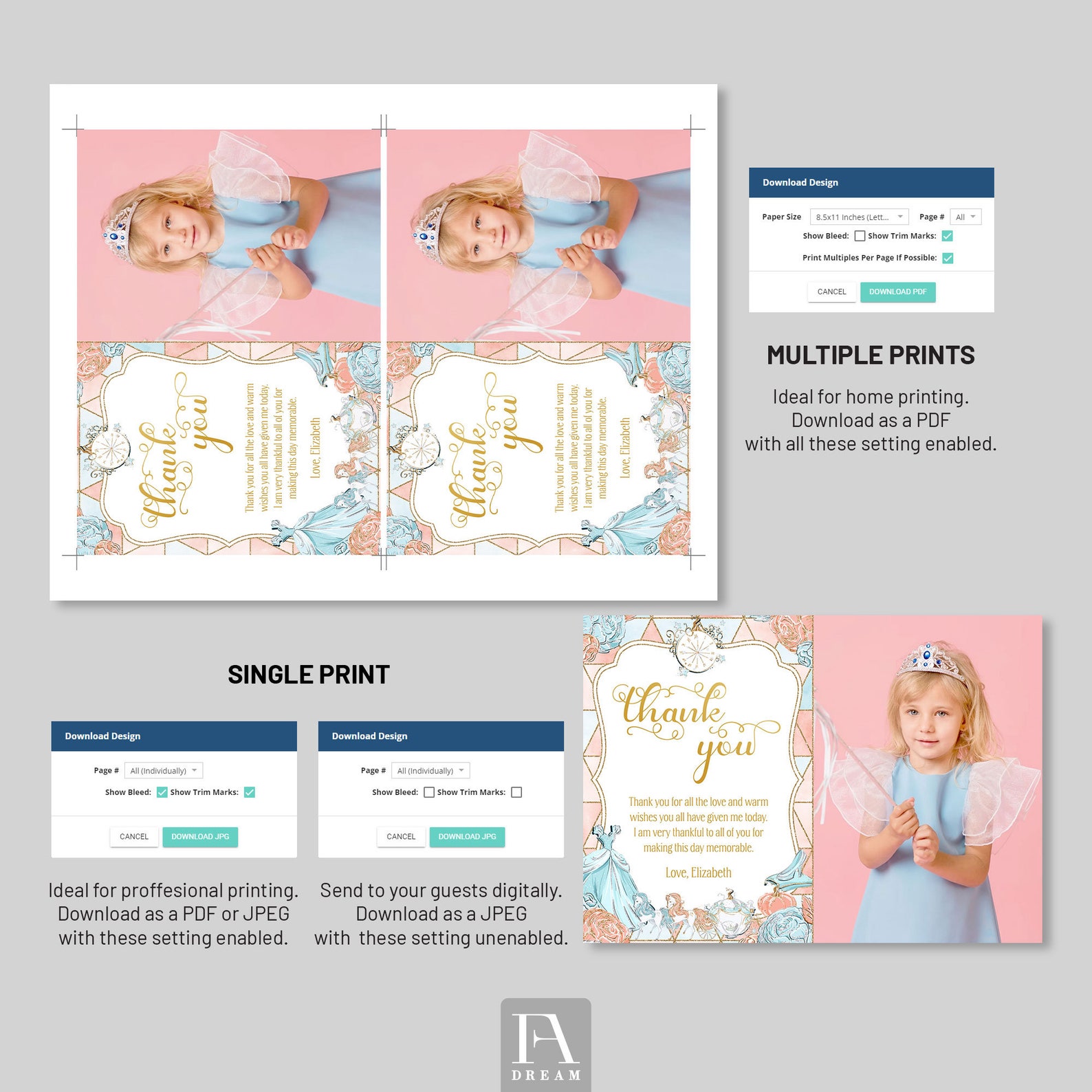 Editable Fairy Tale Thank You Card Template Cinderella Blue - Etsy