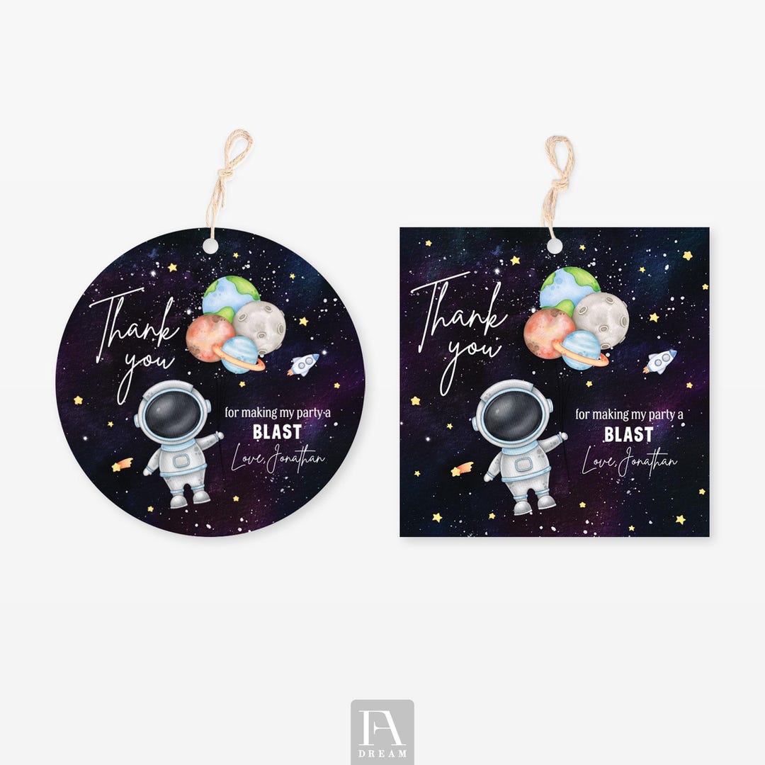 Editable Space Favor Tags, Outer Space First Trip Birthday Party Thank ...