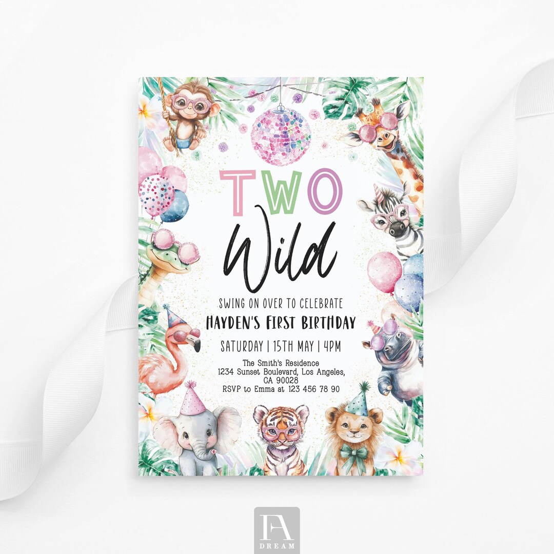 Editable Two Wild Animals Invitation, Jungle Safari Birthday Card ...