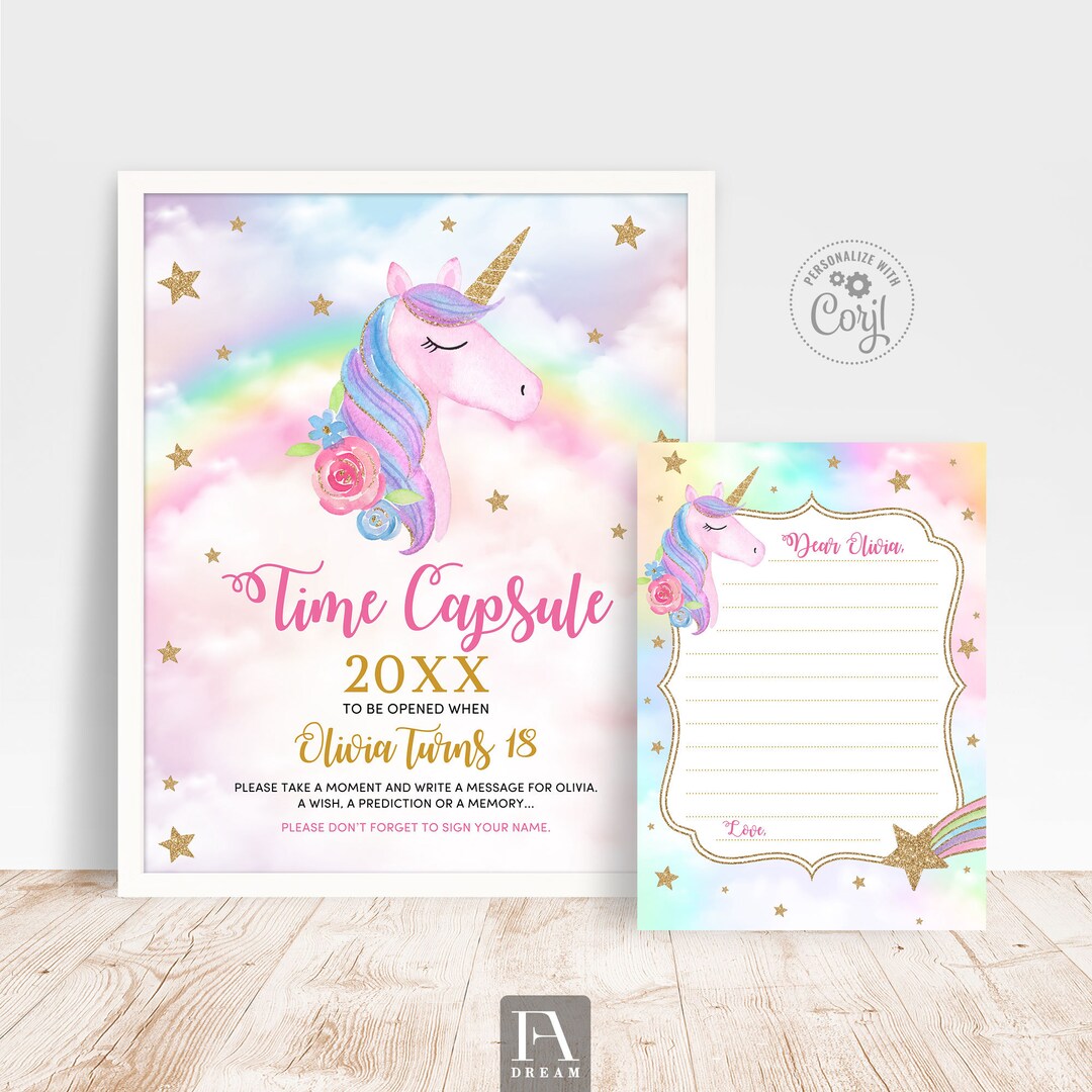 Editable Unicorn Time Capsule Sign and Message Card, Unicorn Magical ...