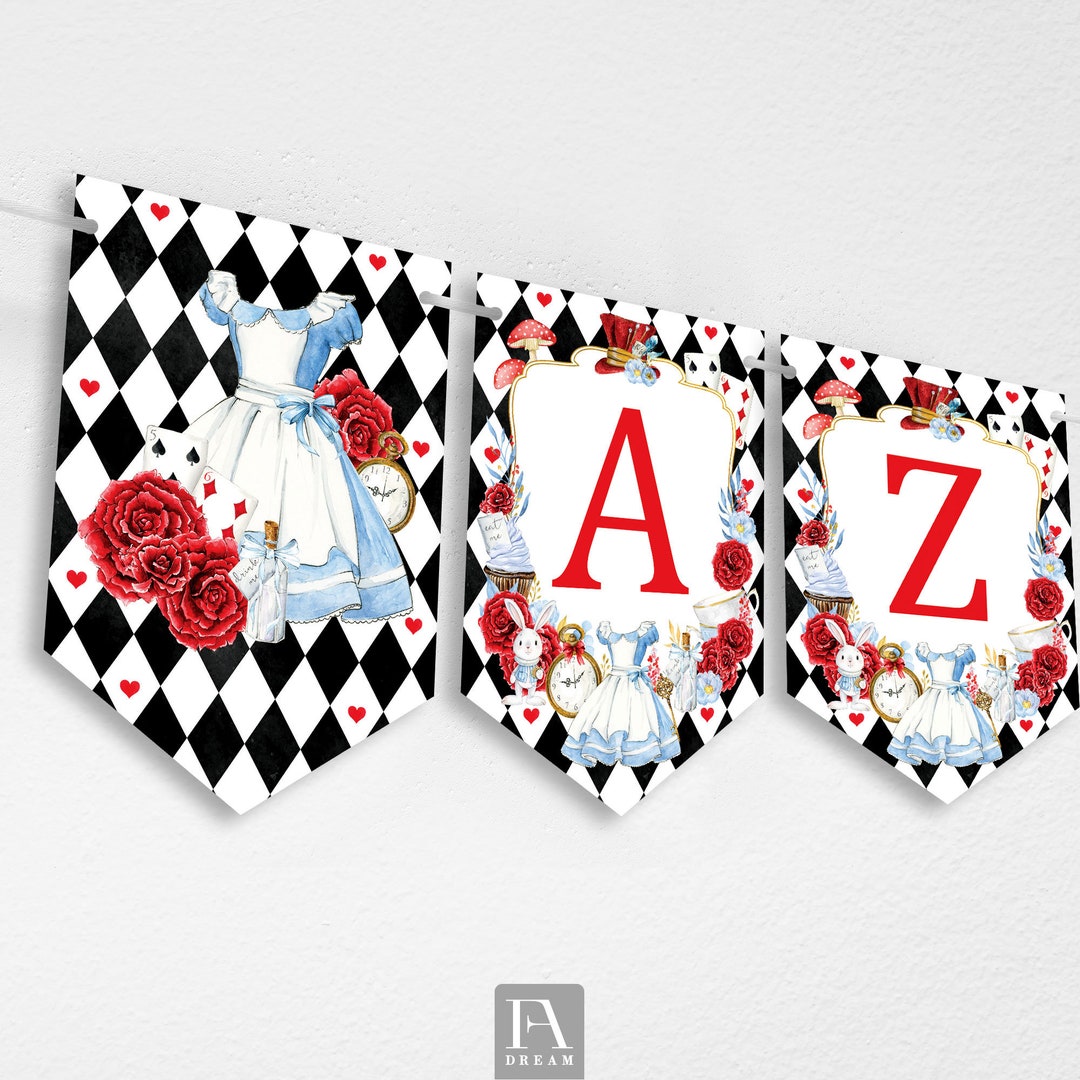 Alice Alphabet A-Z Numbers Symbols Banner, Alice in Wonderland Party ...