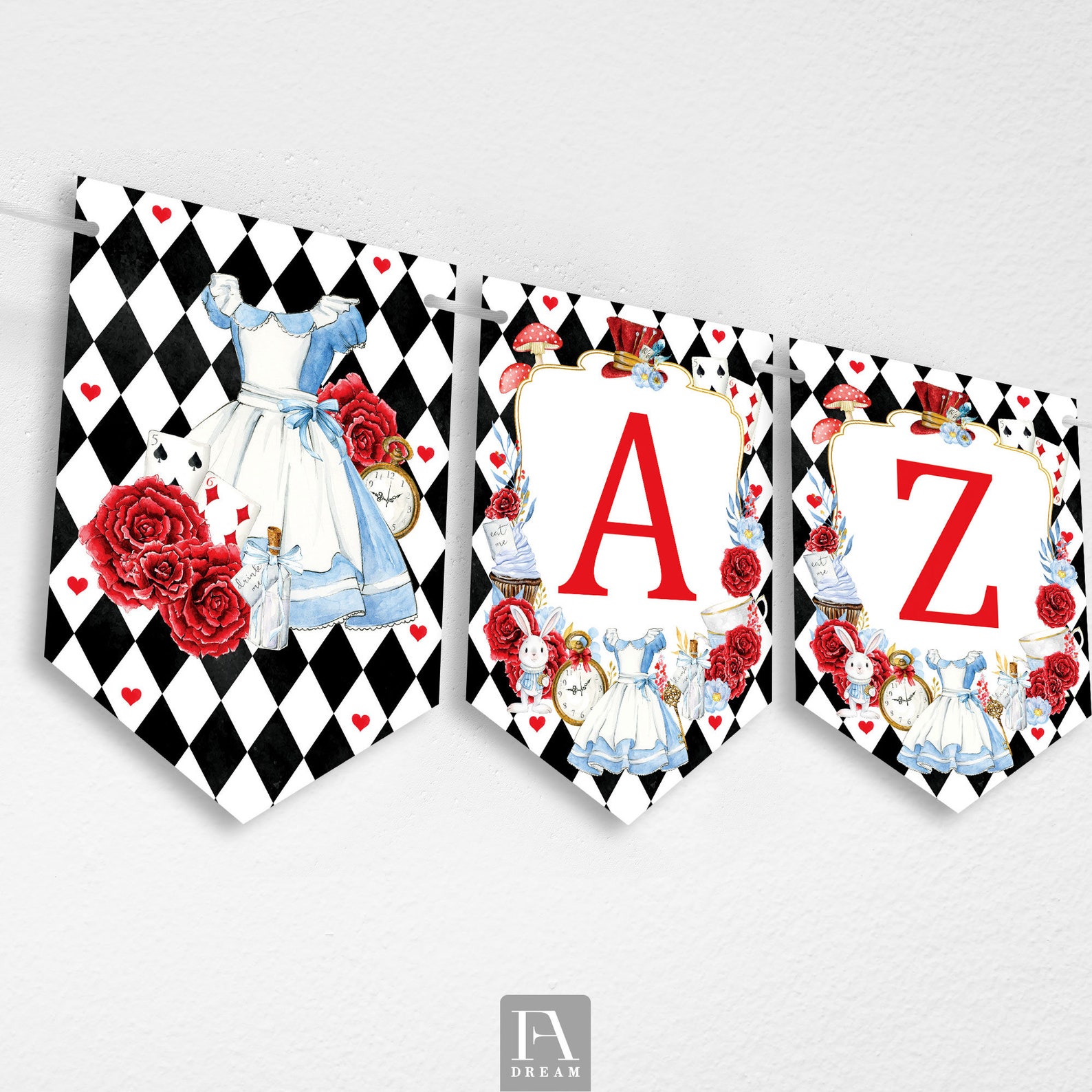 Alice Alphabet A-Z Numbers Symbols Banner, Alice in Wonderland Party ...