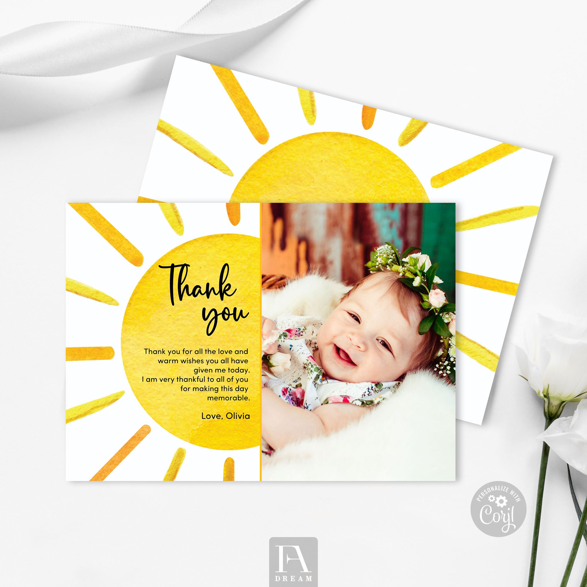 Editable Sun Thank You Card Template, Sunshine Birthday Party Thank You ...