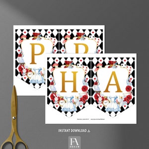 Alice Gold Happy Birthday Banner, Alice in Wonderland Party Banner ...