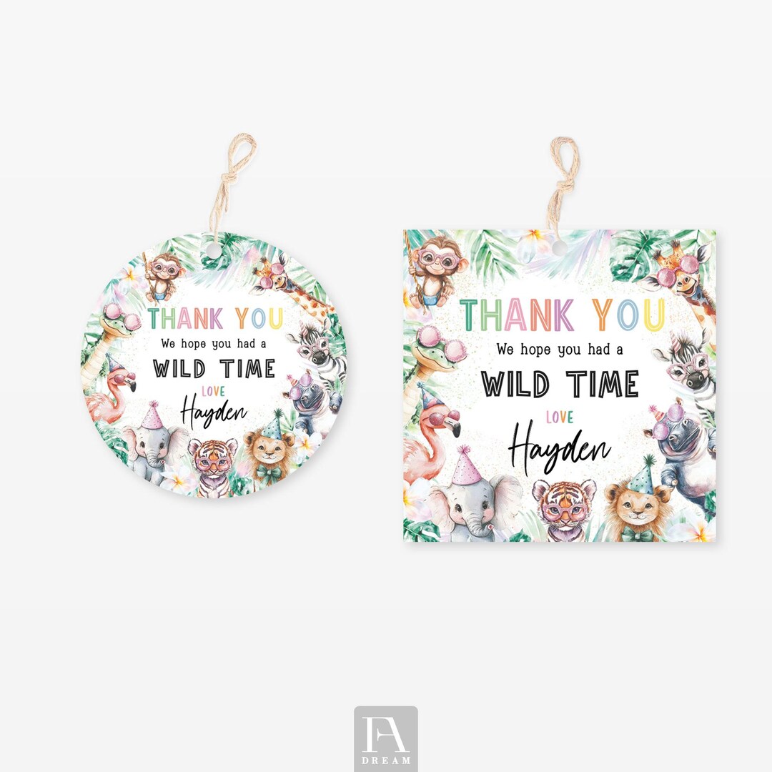 Editable Wild Animals Safari Jungle Favor Tag, Round Square Gift Tag ...