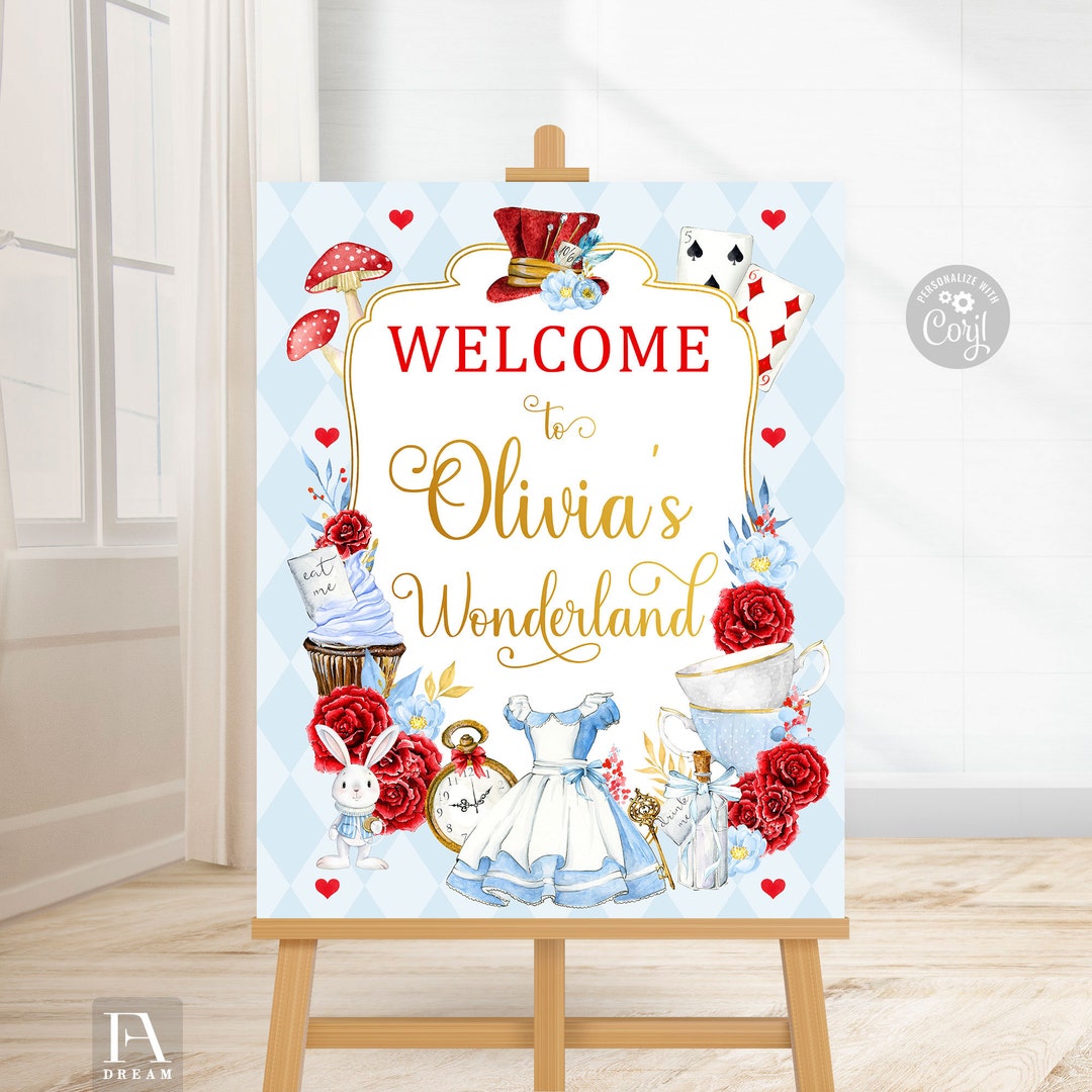 Editable Alice in Wonderland Birthday Welcome Sign, Alice Blue Welcome ...