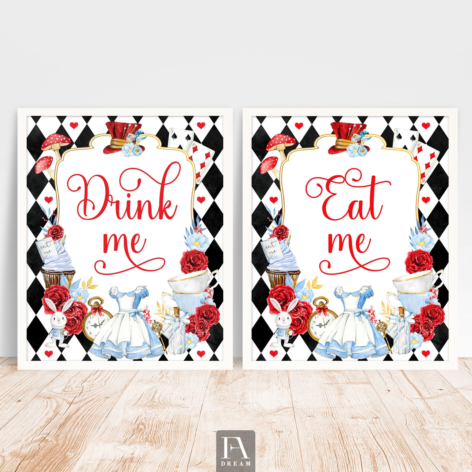 Alice in Wonderland Party Drink Me Eat Me Signs Alice Mad Tea Party ...