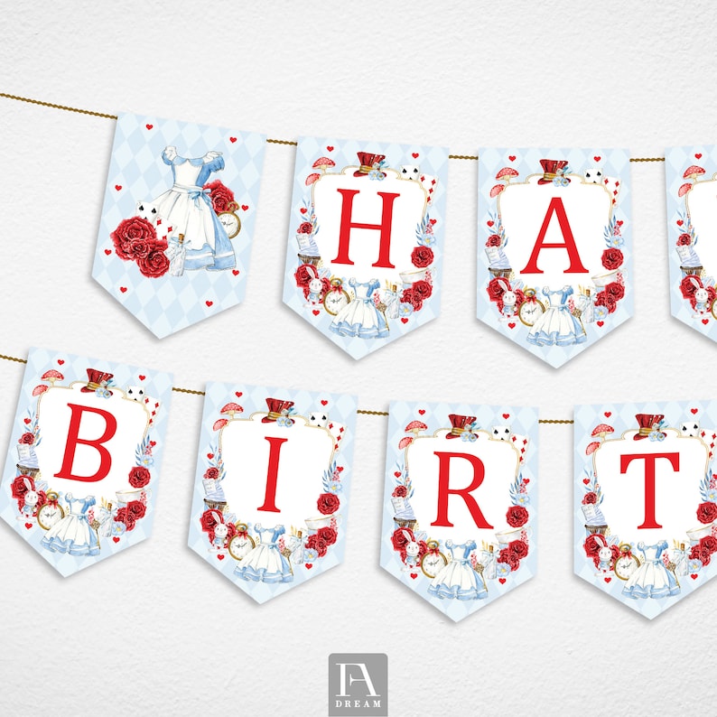 Alice Happy Birthday Banner Alice in Wonderland Blue Red - Etsy