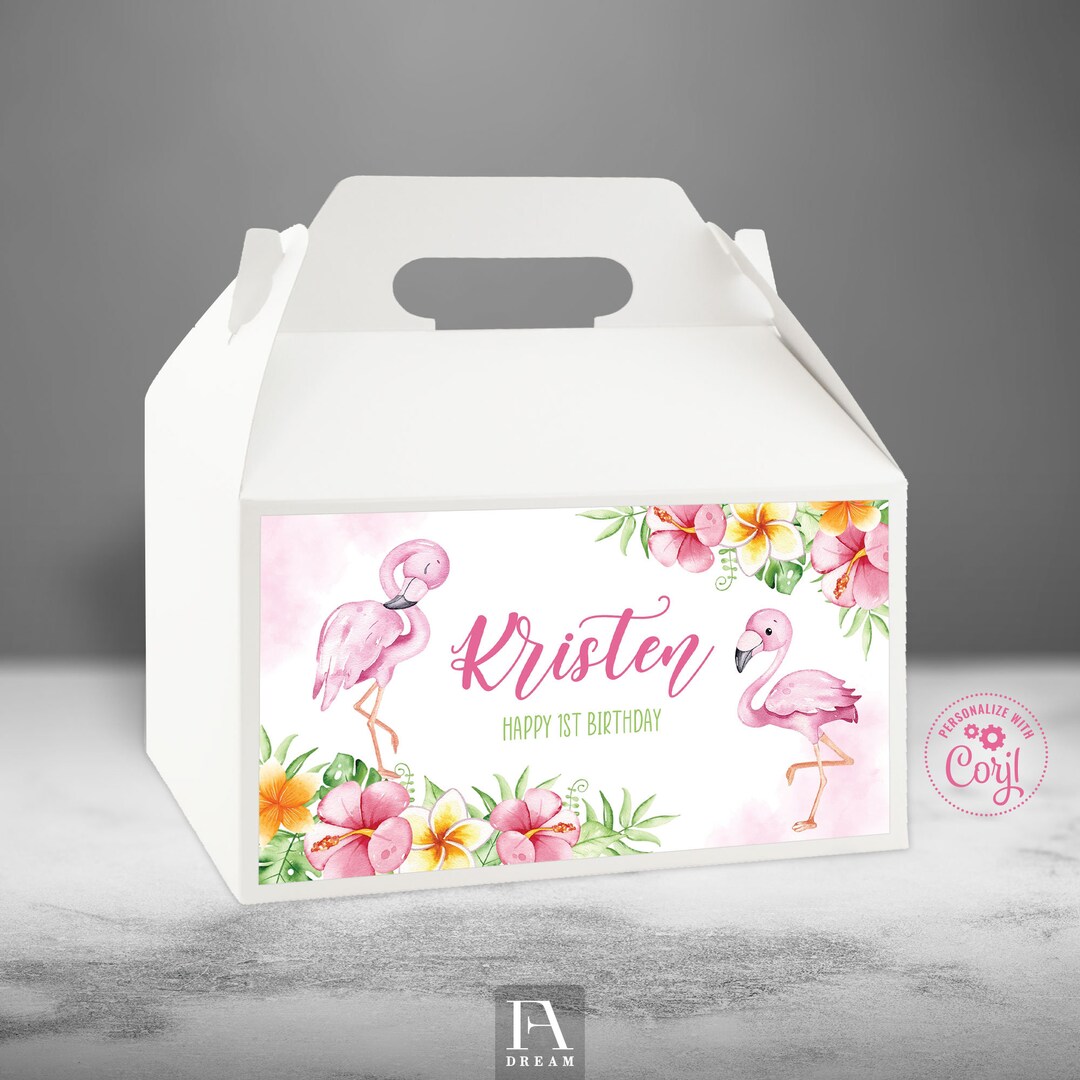 Flamingo Gable Box Label Template, Editable Summer Birthday Party Favor ...