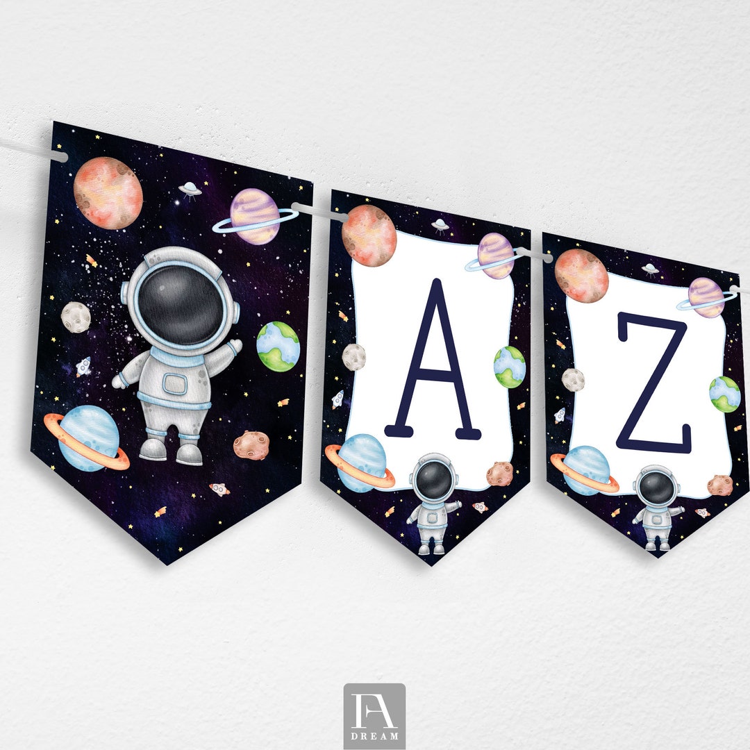 Space Alphabet A-Z Numbers Symbols Banner, Outer Space Galaxy Astronaut ...