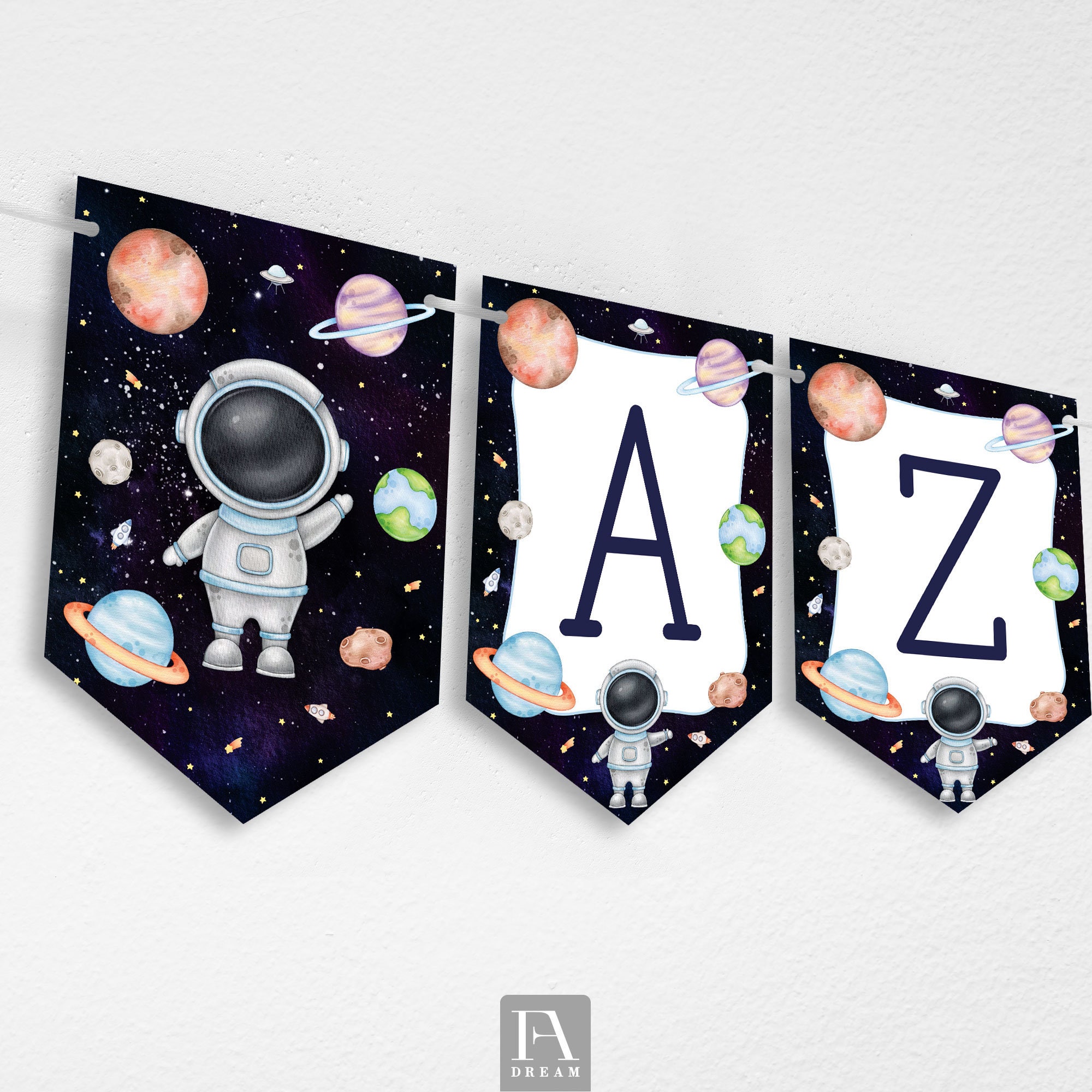 Space Alphabet A-Z Numbers Symbols Banner, Outer Space Galaxy Astronaut ...