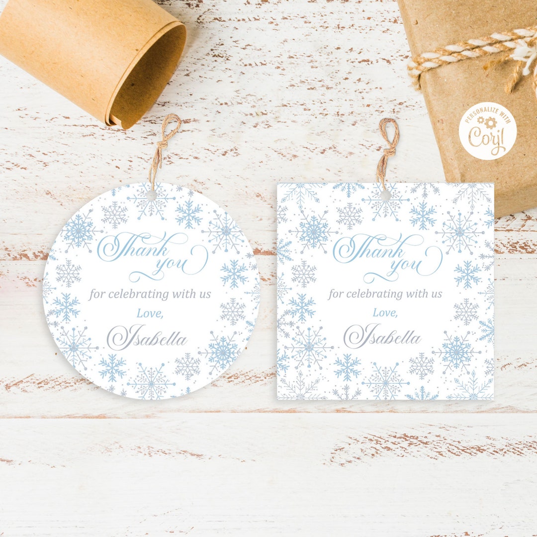 Winter Favor Tag Template, Snow Party Thank You Gift Tag Blue Silver ...