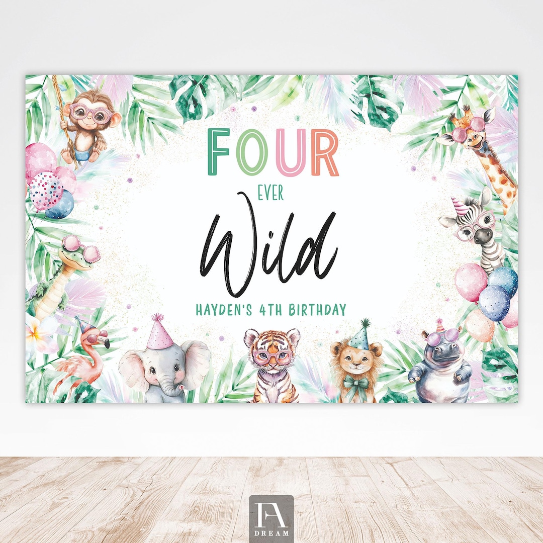 Editable Wild Animals Safari Jungle 4th Birthday Backdrop, Jungle ...