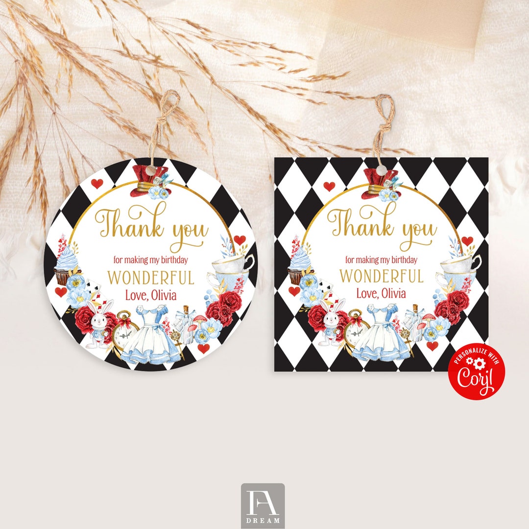 Editable Alice Favor Tags, Alice in Wonderland Birthday Party Thank You ...