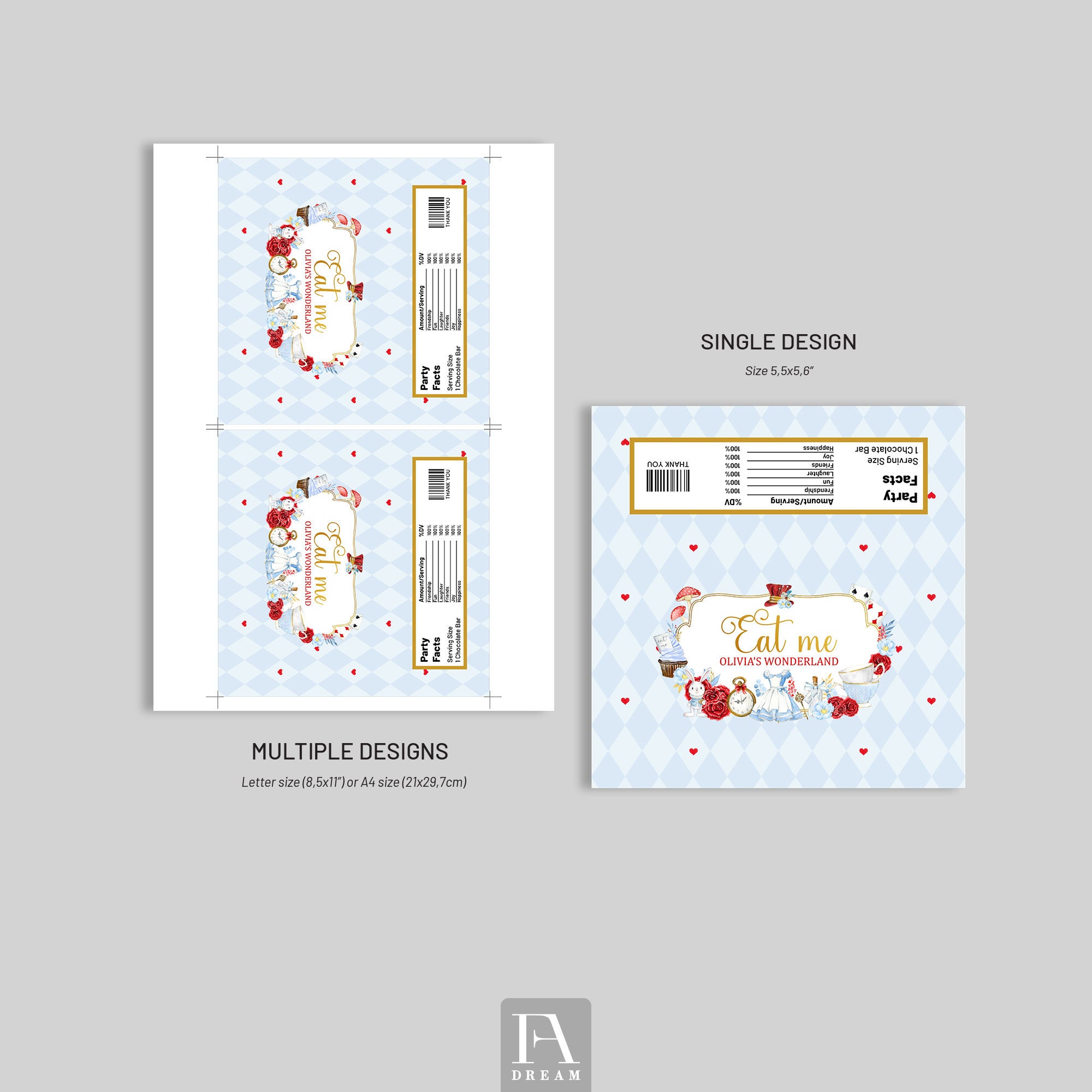Editable Alice Candy Bar Wrapper Label Template Blue Chocolate Wrapper ...