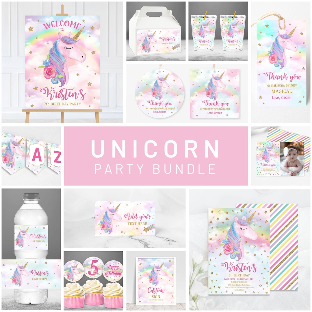 Editable Unicorn Party Bundle - Customizable Designs for Kids' Magical ...