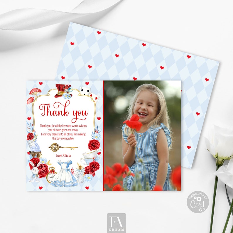 Editable Alice Thank You Card Template, Alice in Wonderland Birthday ...
