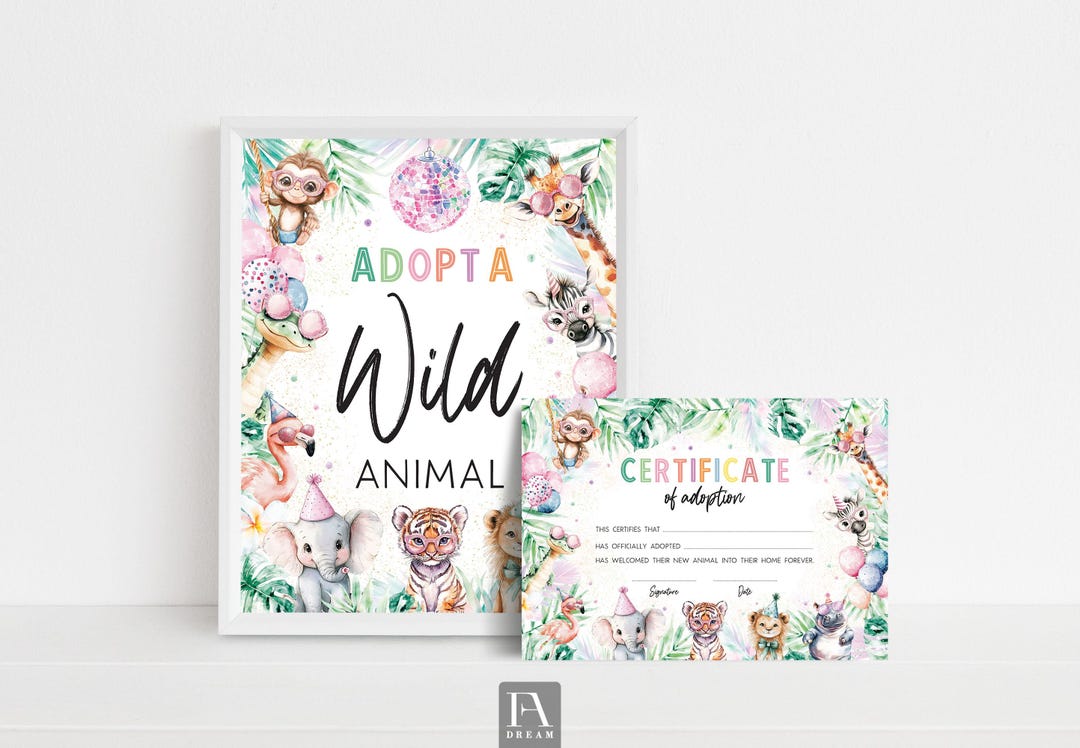 Adopt a Wild Animal Sign, Safari Adoption Certificate, Jungle Party ...