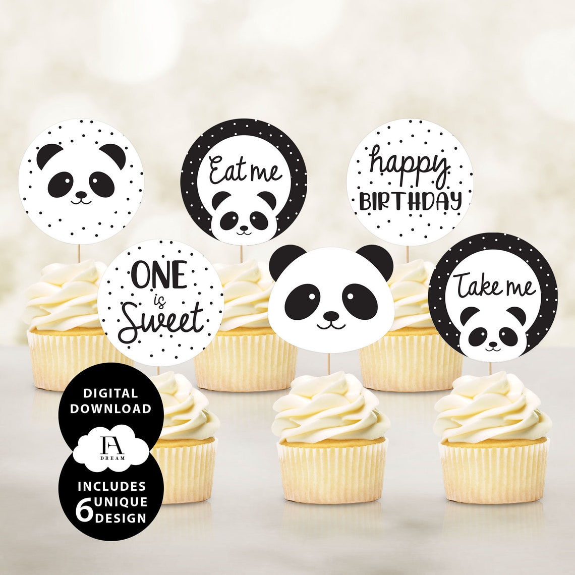 Panda Printable Cupcake Toppers, Cupcake Toppers, 1st Birthday Party ...