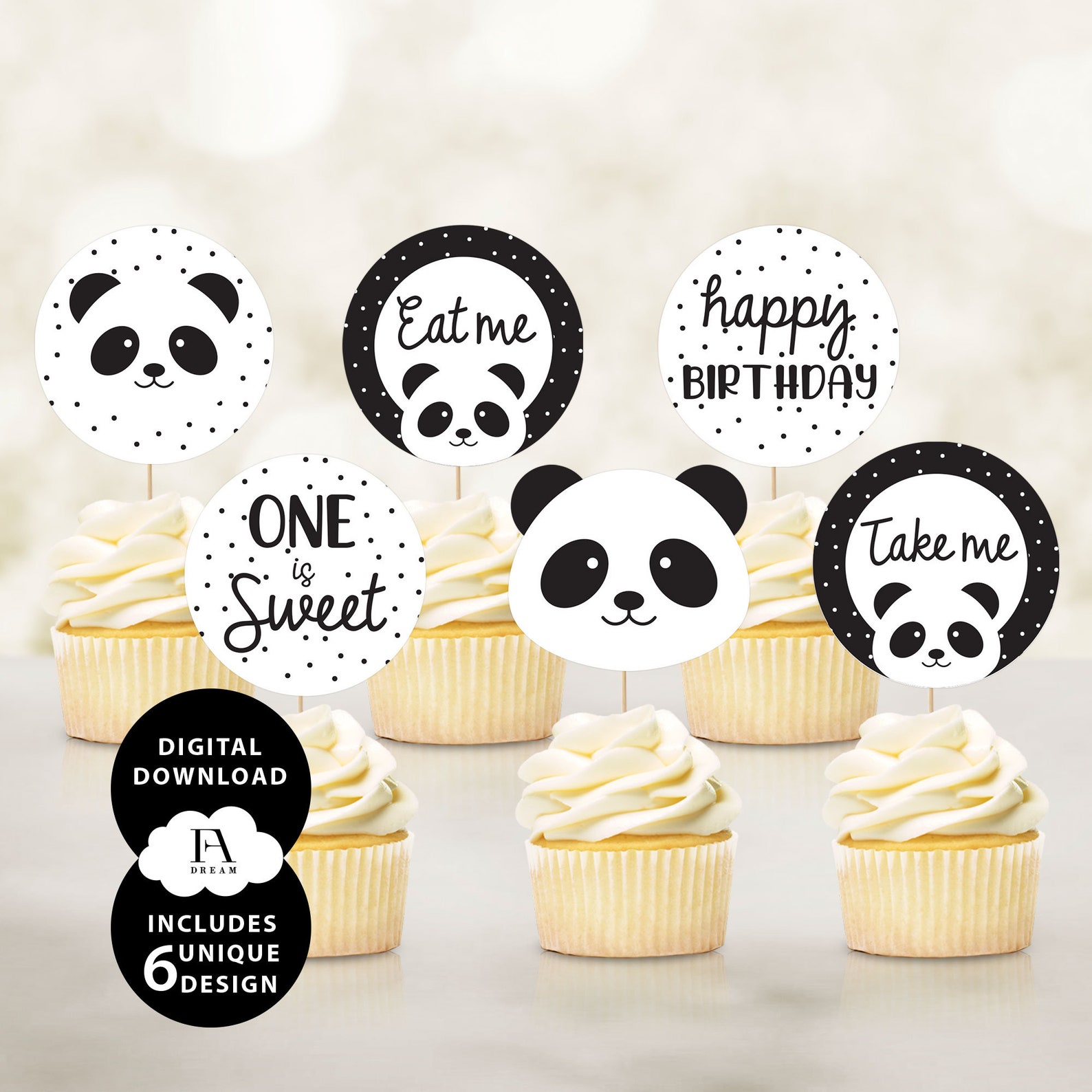 Panda Printable Cupcake Toppers, Cupcake Toppers, 1st Birthday Party ...