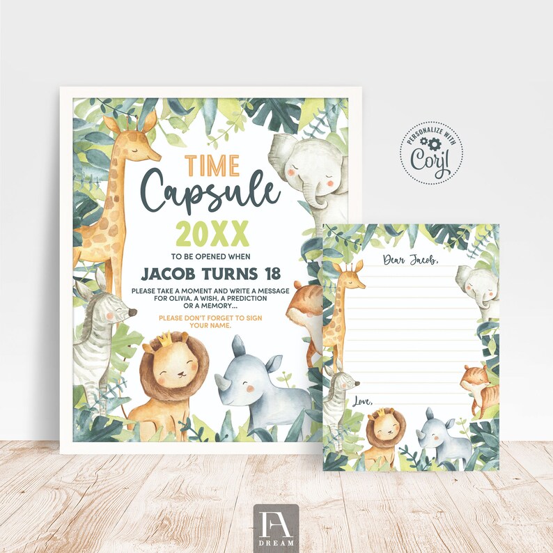 Safari Time Capsule Sign and Message Card, Wild One Birthday Time ...