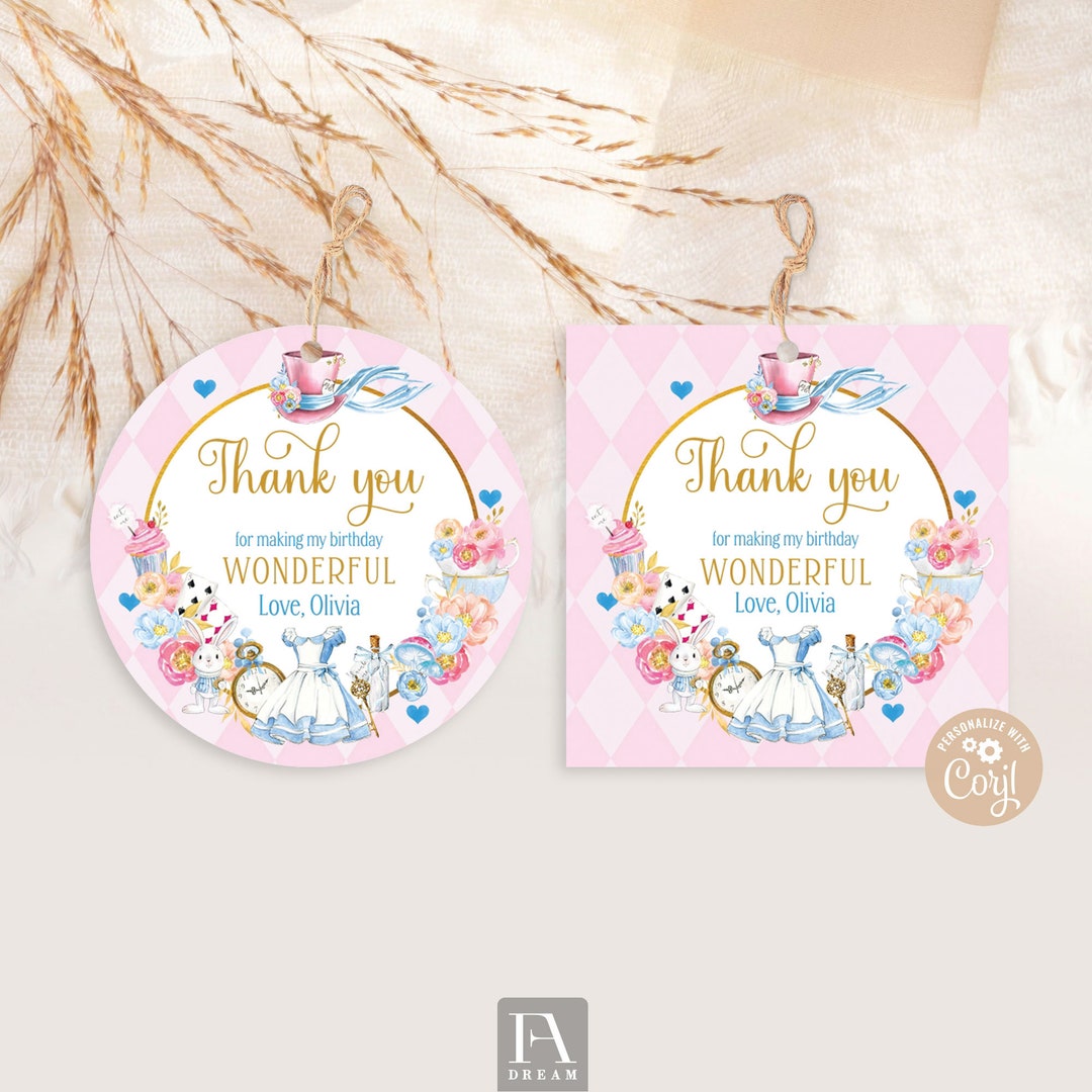 Alice Round Square Favor Tags, Alice in Wonderland Birthday Party Thank ...