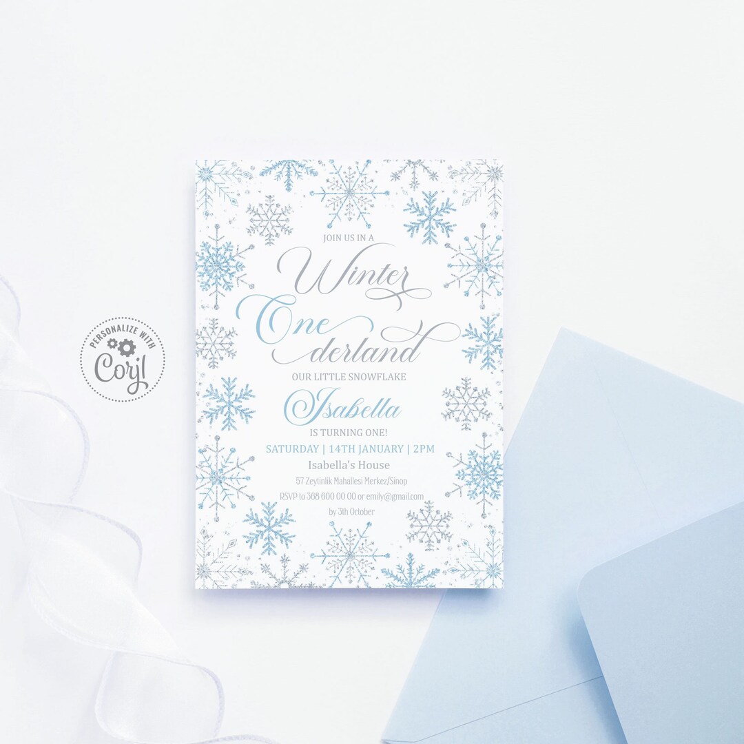Editable Winter Onederland Invitation Blue Silver Snowflake First ...
