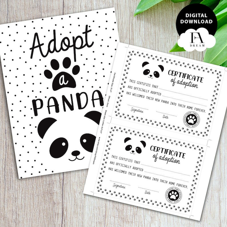 Panda Adoption Certificate, Adopt a Panda Sign, Panda Birthday ...