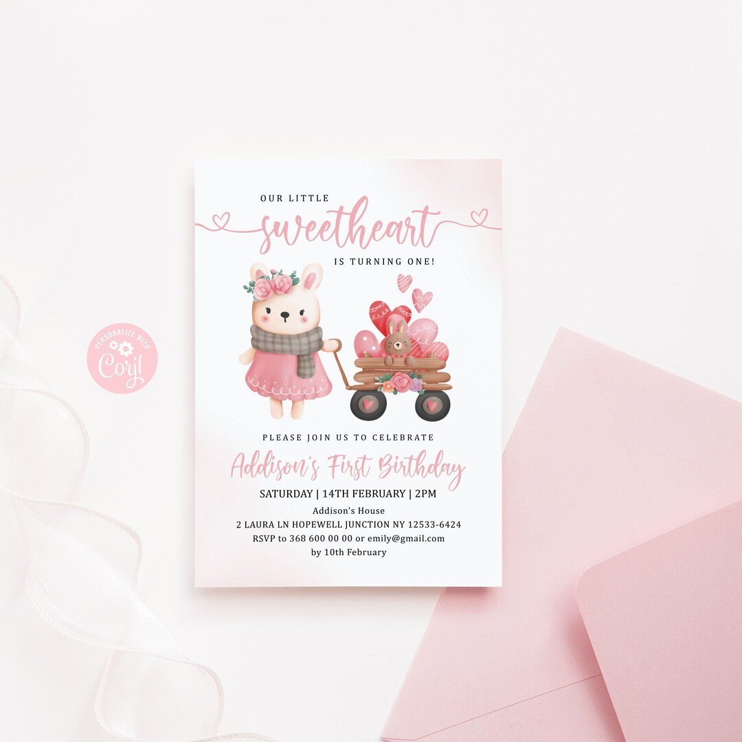Editable Sweetheart Birthday Invitation, Rabbit Birthday Party Invite ...