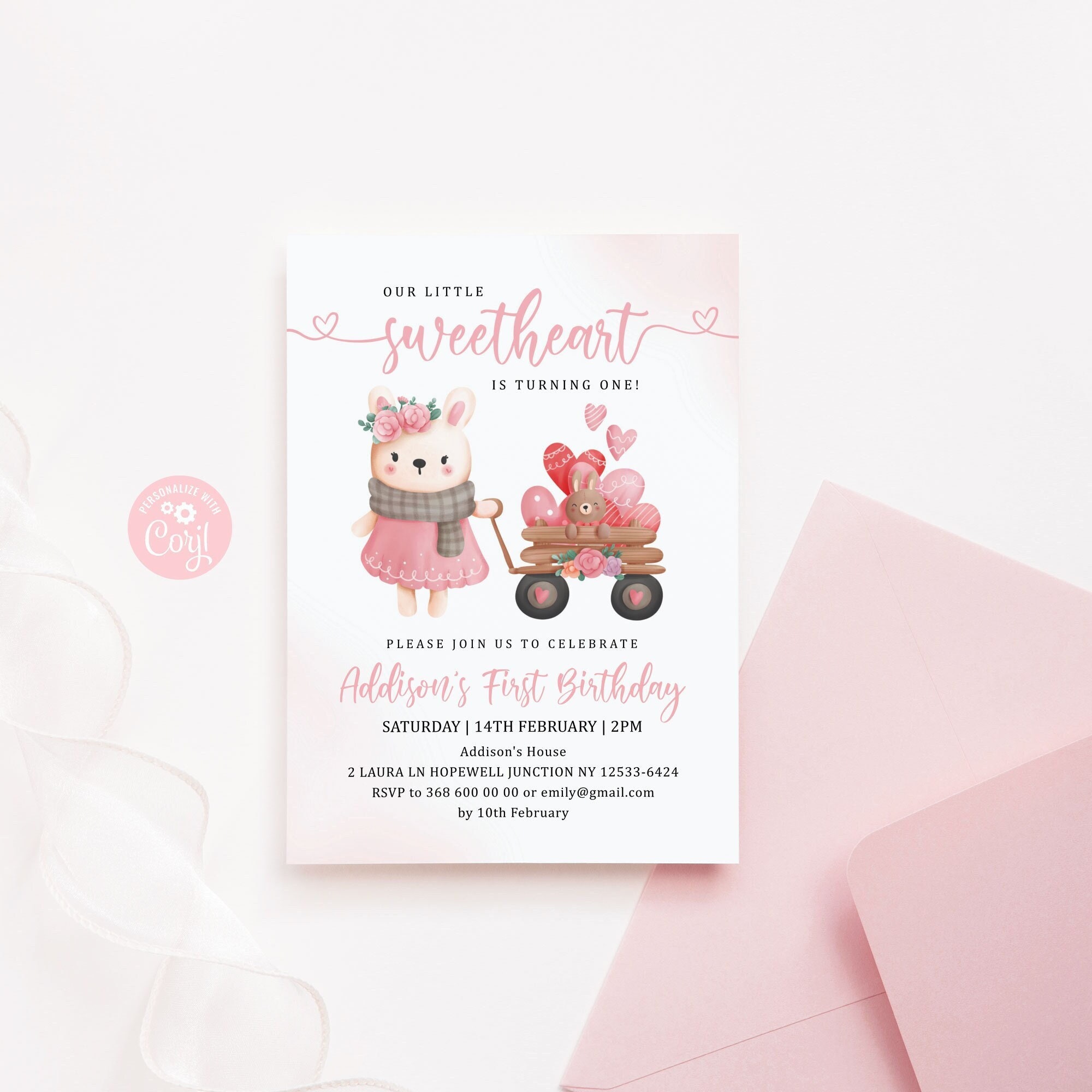 Editable Sweetheart Birthday Invitation, Rabbit Birthday Party Invite ...