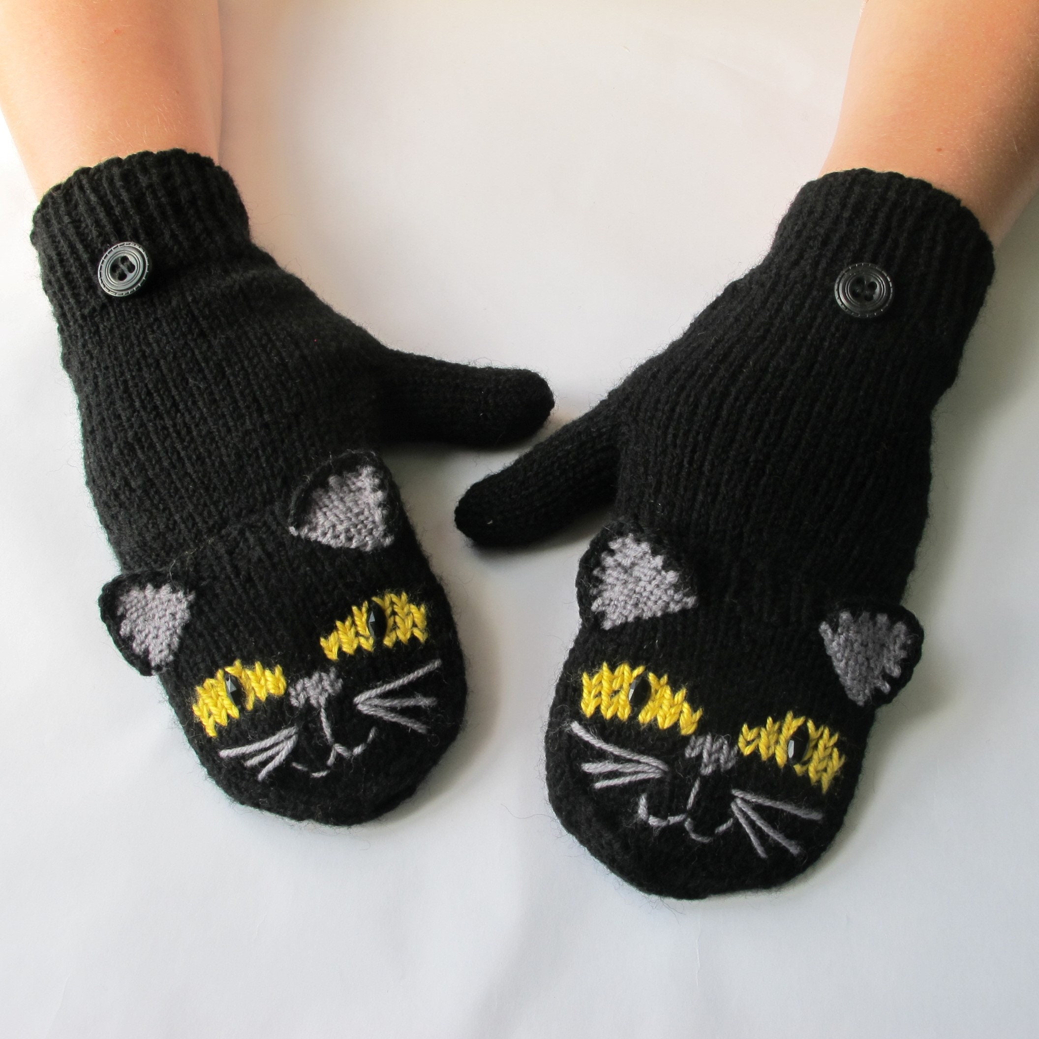 Fingerless black cat mittens. Convertible animal mittens. | Etsy