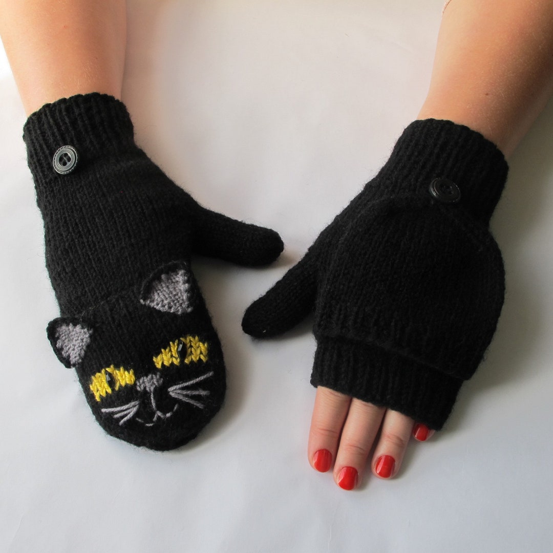 Fingerless black cat mittens. Convertible animal mittens. Animal ...