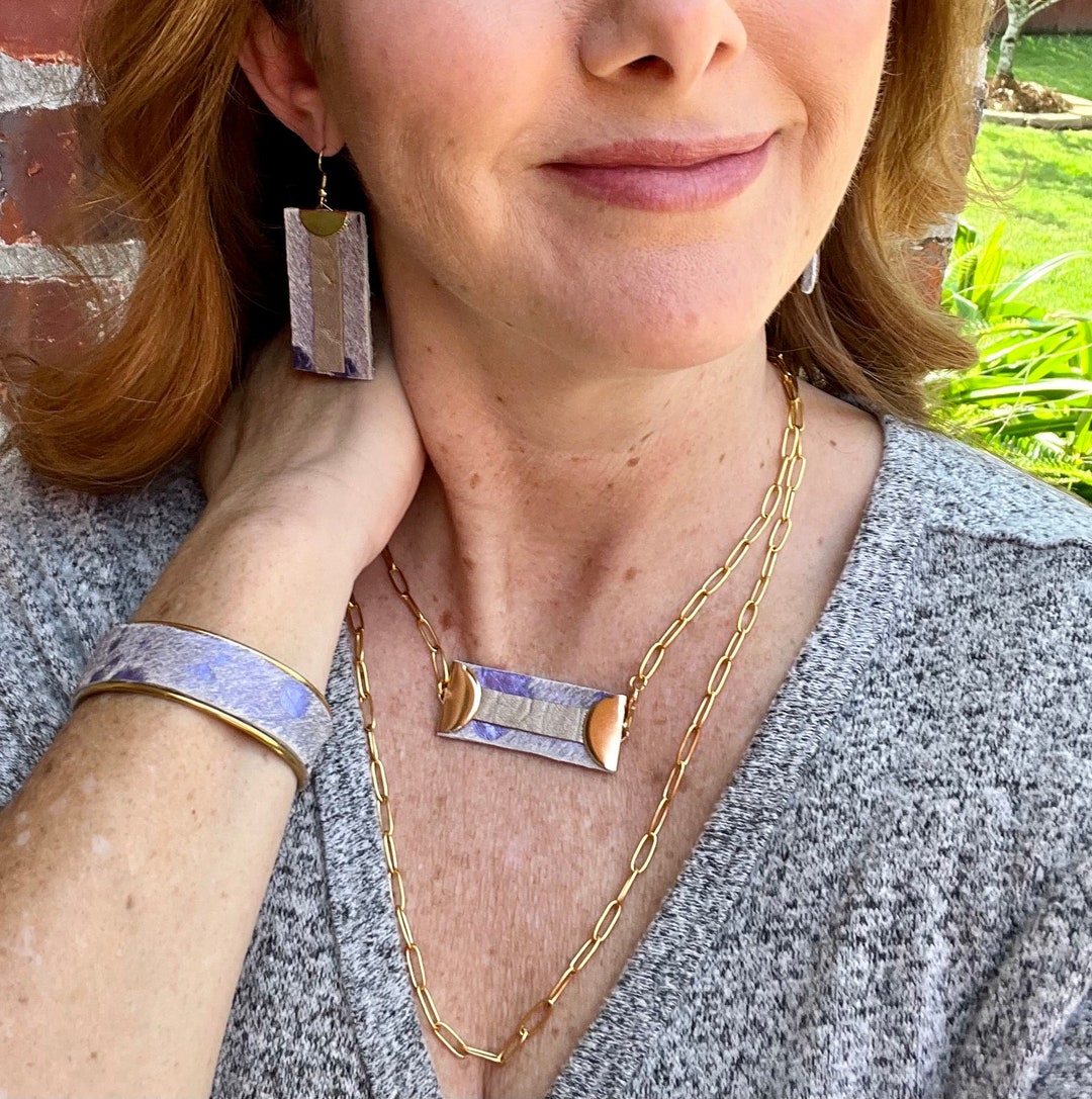 Cowhide Jewelry Set, Paper Clip Chain Necklace, Layered Bar Earrings ...