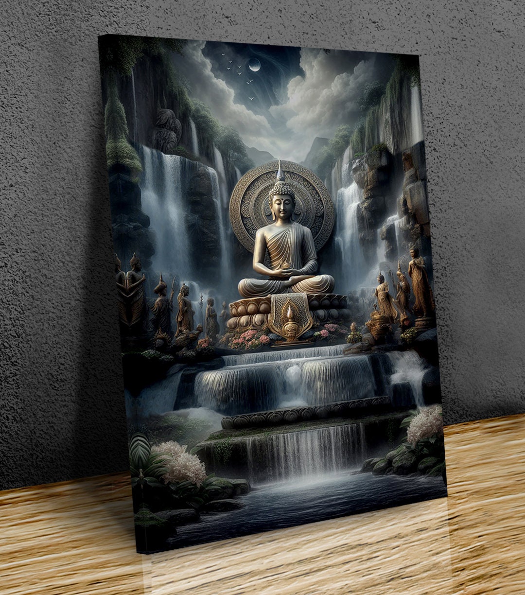 Buddha Sculpture and Waterfalls ,wall Art, Mounted Canvas Print Ready ...